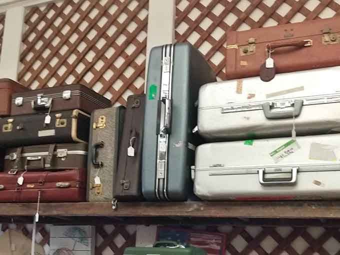 Vintage suitcases stacked like memories, each one a portal to when travel meant style, not just efficiency.