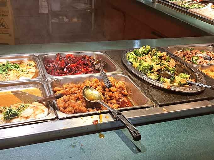 General Tso's chicken glistens under the lights, ready to prove not all buffet Chinese tastes institutional.