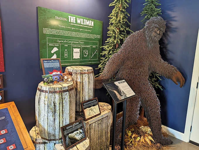 The Bigfoot display features investigation equipment and local sighting reports that might make you reconsider camping.