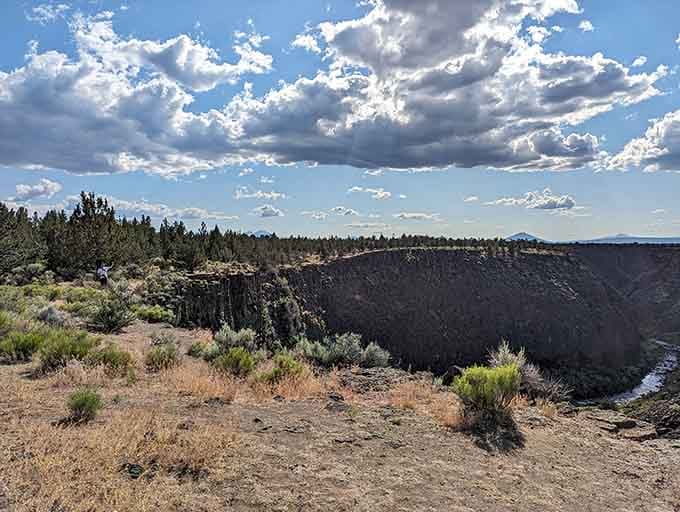 The basalt canyon walls showcase millions of years of geological drama in rust and black tones.