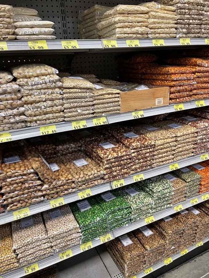 Nuts and legumes stretch endlessly, offering more variety than you knew existed outside a botanical encyclopedia.