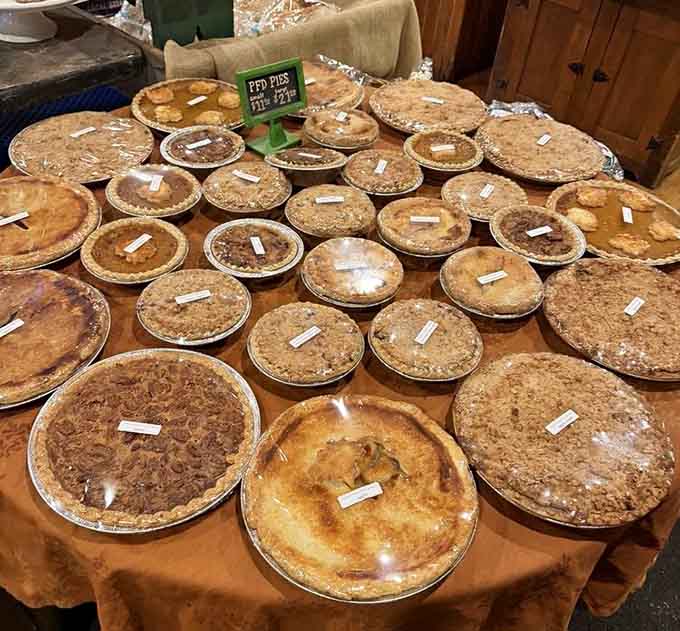 A pie display that would make your grandmother simultaneously proud and slightly competitive about her baking skills.