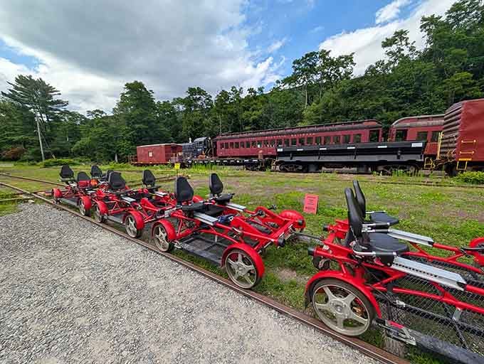Historic rail cars provide the perfect backdrop for these modern pedal-powered contraptions that somehow make total sense together.