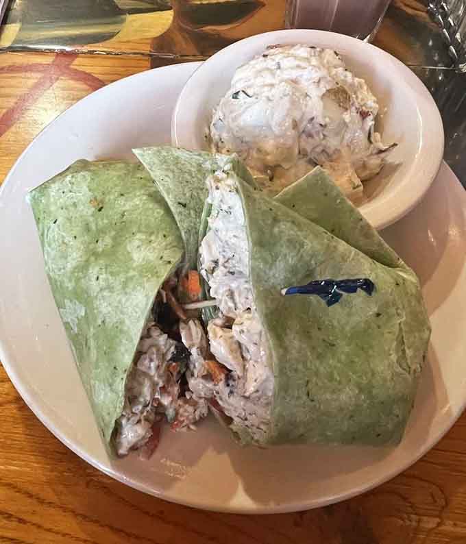 That chicken salad wrap knows exactly what it's doing, and the bacon potato salad is clearly its accomplice.