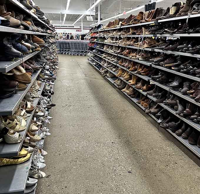 The shoe aisle stretches endlessly, a footwear lover's dream where every step forward reveals another potential perfect fit.