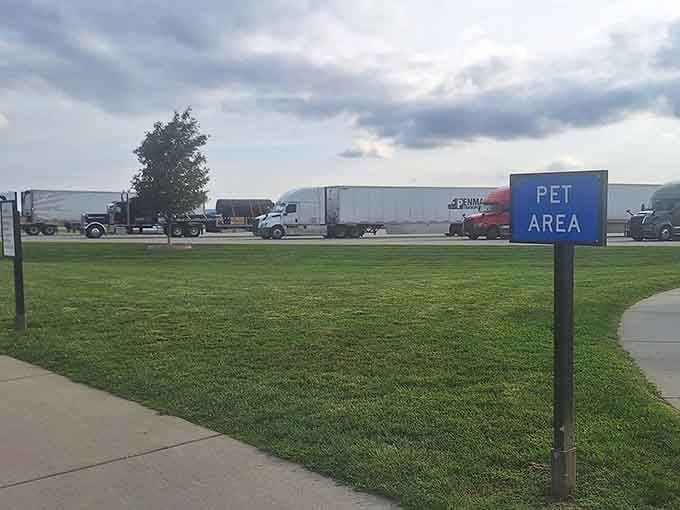 Even the rest stops here come with Midwestern hospitality and enough green space for your road-weary pup.