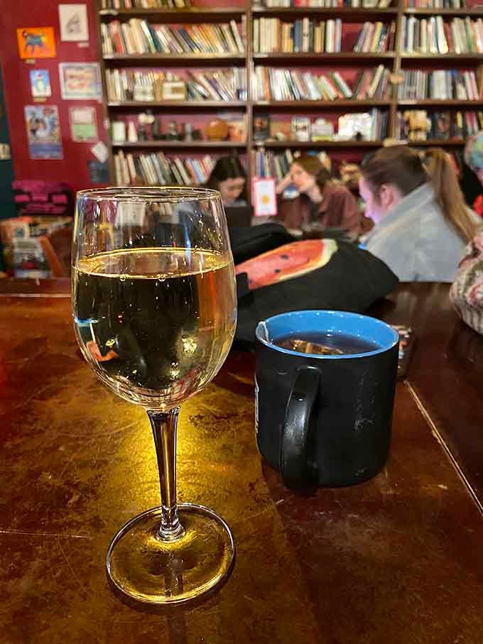 Wine and tea sitting together like old friends, because sometimes you need options for your reading marathon.
