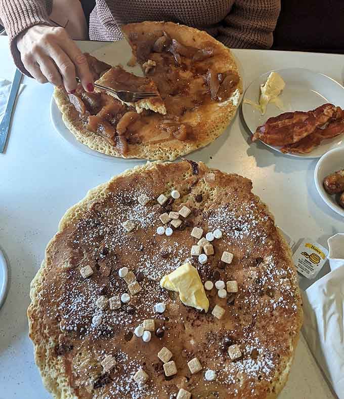 Two pancakes the size of dinner plates prove that sometimes more really is more, especially before noon.