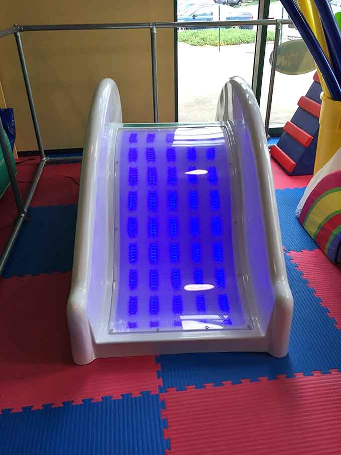 Even the smallest slide glows with futuristic blue lights, making toddlers feel like astronauts on their first mission.