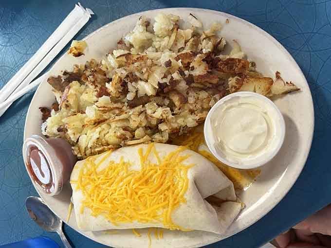 A breakfast burrito with hash browns that could fuel you through an entire day of questionable life decisions.