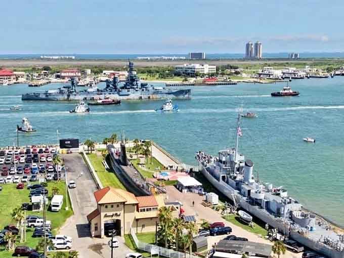From above, you can see how Seawolf Park blends green space, historic vessels, and waterfront access into one package.