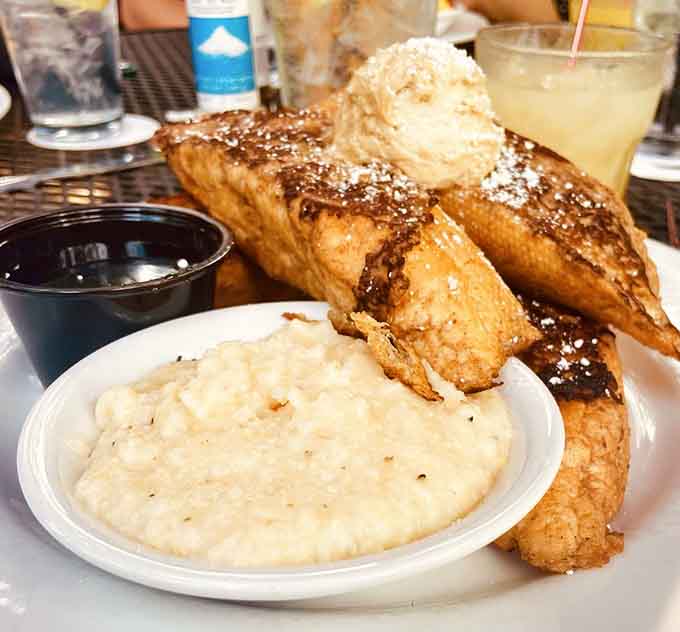 French toast topped with ice cream and served with grits proves breakfast rules don't apply when deliciousness is involved.