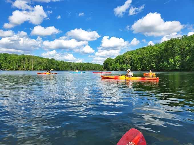 Clopper Lake on a perfect day, where the only traffic jam involves kayaks and absolutely zero road rage.