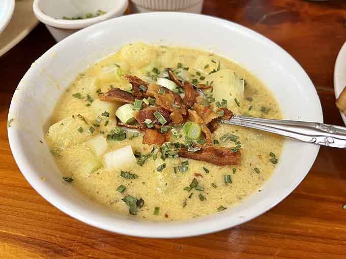 Loaded potato soup topped with bacon and chives that'll warm you from the inside out on a chilly day.