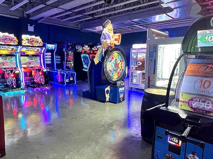 The arcade area glows like a neon dream, offering classic redemption games for anyone needing a break between holes.