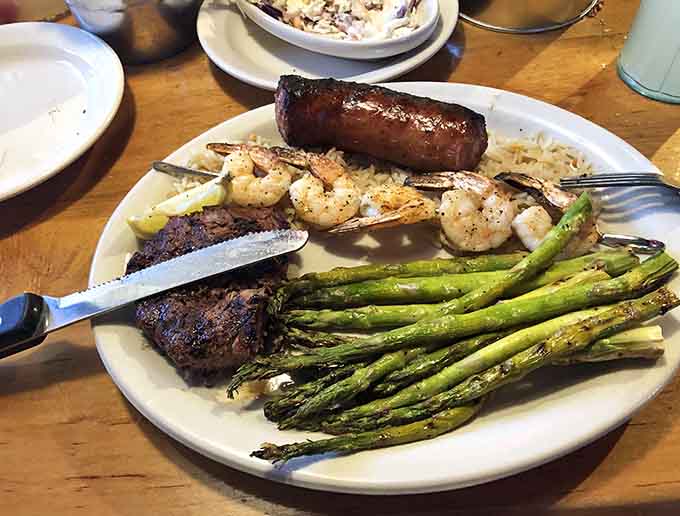 Steak, shrimp, and asparagus prove the Smokehouse can handle surf, turf, and everything in between beautifully.