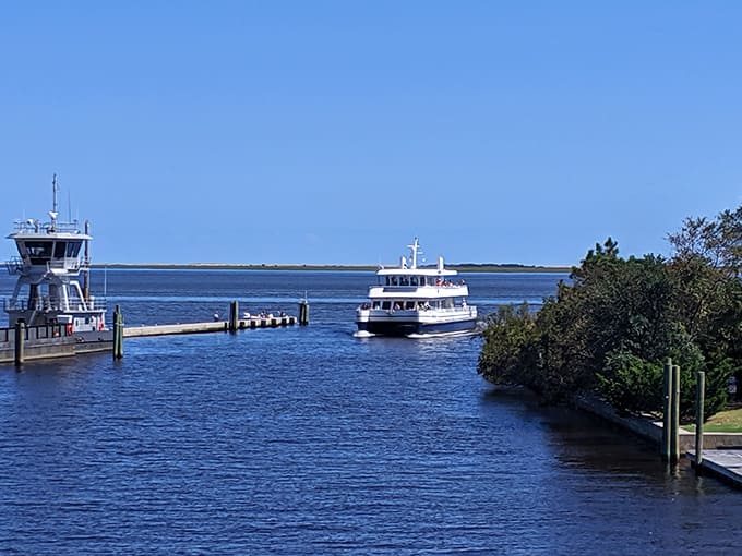 The Bald Head Island Ferry departs regularly, carrying passengers to a car-free paradise just across the water.