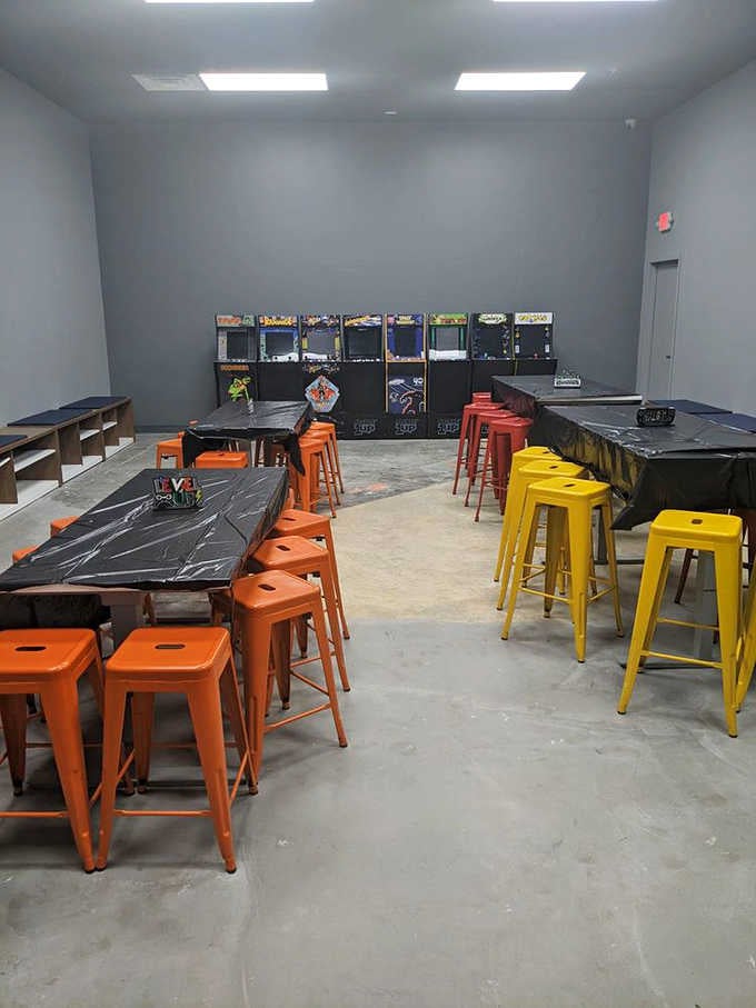 Bright stools and tabletop games create the perfect party space for celebrating birthdays without hiring a clown.