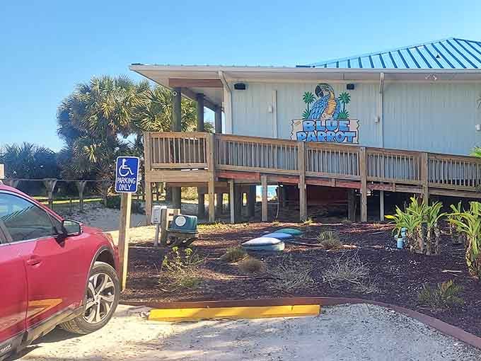 The Blue Parrot sits beachside, serving seafood with a view that makes everything taste better.