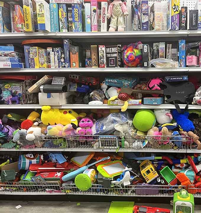 Childhood memories and future playtime collide on these shelves, a colorful chaos that would make Santa jealous.
