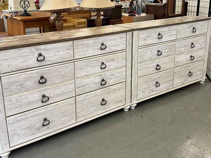 This whitewashed dresser collection screams farmhouse chic without the farmhouse price tag attached to it.