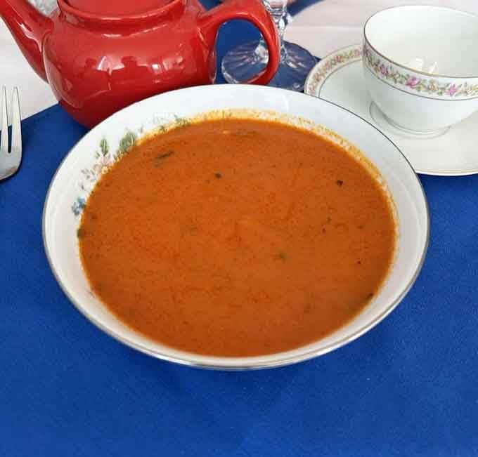 A bowl of tomato soup this vibrant orange could warm your soul on the coldest Connecticut day.