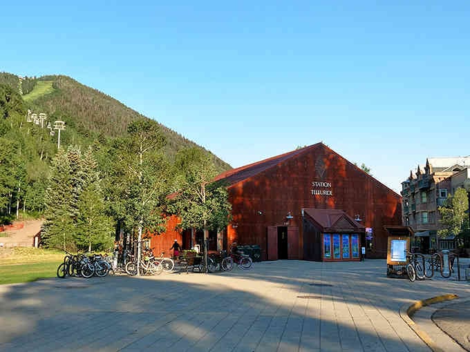 The gondola station at Mountain Village welcomes you with that distinctive rust-colored architecture and endless mountain views.