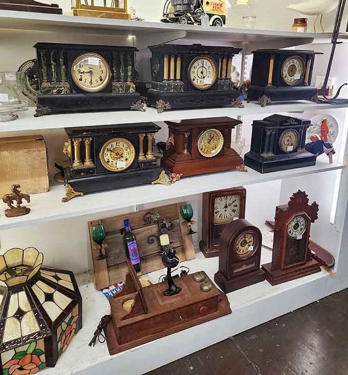 Mantel clocks that once marked family dinners and bedtimes now wait patiently for their next loving home.