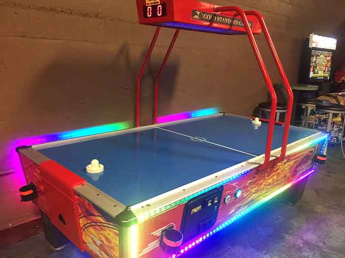Air hockey with LED lights turns a simple game into a neon-soaked battle of reflexes and trash talk.