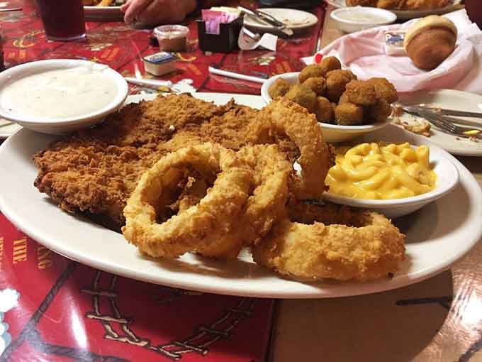 When your plate arrives with chicken-fried steak, onion rings, mac and cheese, it's basically a Texas hug.