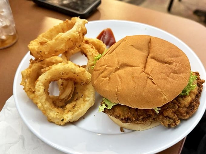 That crispy chicken sandwich with onion rings proves some partnerships are just meant to be, like Lucy and Desi.