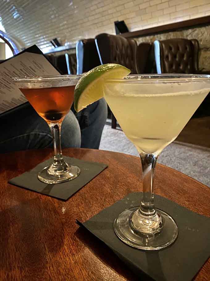 Two cocktails sitting pretty in the tunnel, proof that good things come in pairs and martini glasses.