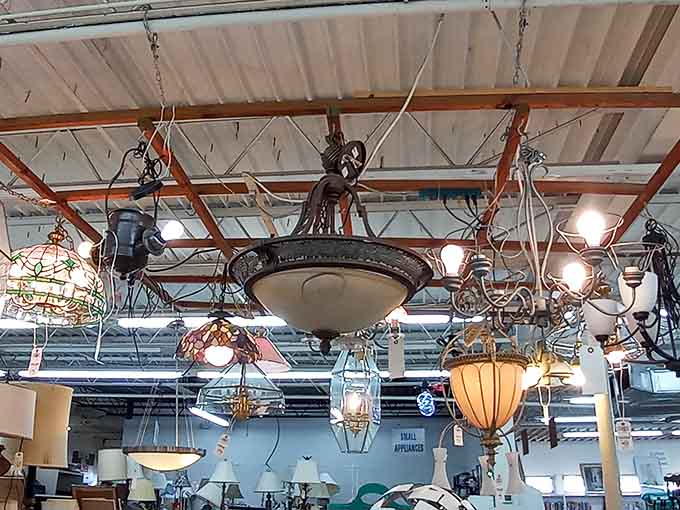 Hanging chandeliers create an overhead gallery that's part lighting department, part art installation, all bargain hunting heaven.