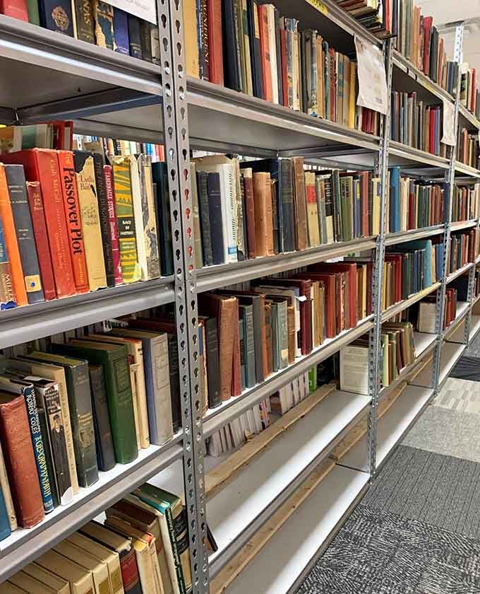 Metal shelving packed with vintage hardcovers that have survived longer than most of our New Year's resolutions.