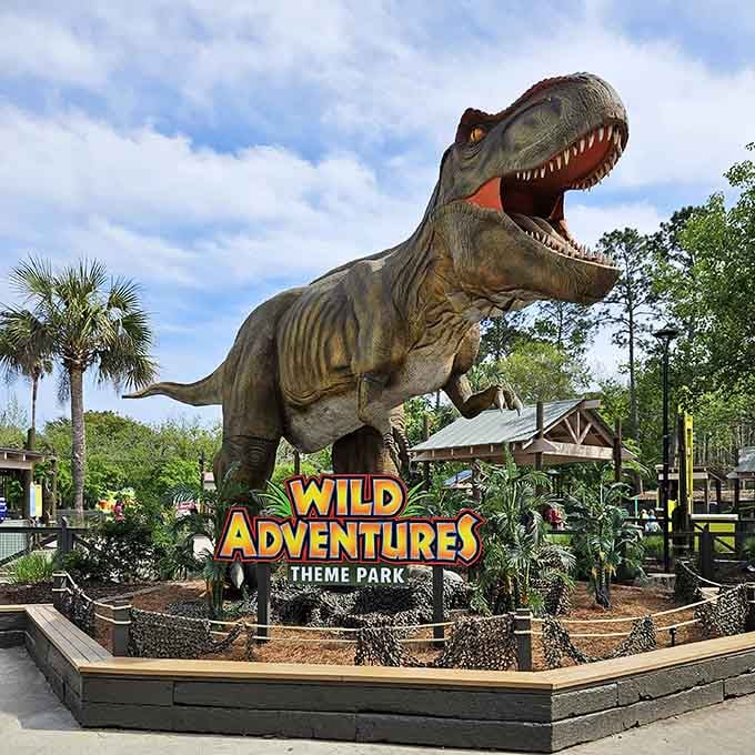 That T-Rex isn't compensating for anything—Wild Adventures delivers legitimate thrills without the theme park sticker shock.