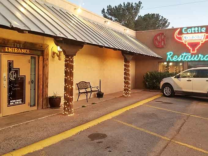 Those twinkling lights wrapped around the entrance promise warm hospitality and hearty meals inside the Cattle Company.