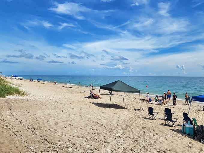 Beach umbrellas dot the sand like colorful mushrooms, marking territories of relaxation and serious napping.
