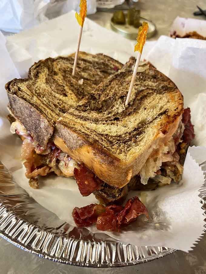 That Reuben on marble rye stands tall and proud, ready to remind you why classics became classics.