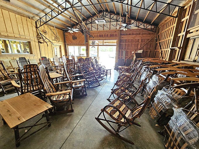 A barn full of rocking chairs is either heaven or a very specific retirement dream.