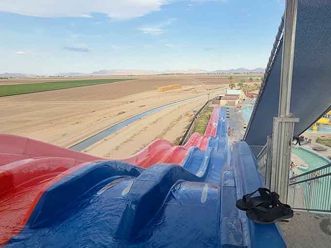 From up here, the desert farmland stretches forever while you're about to plunge into pure liquid joy.