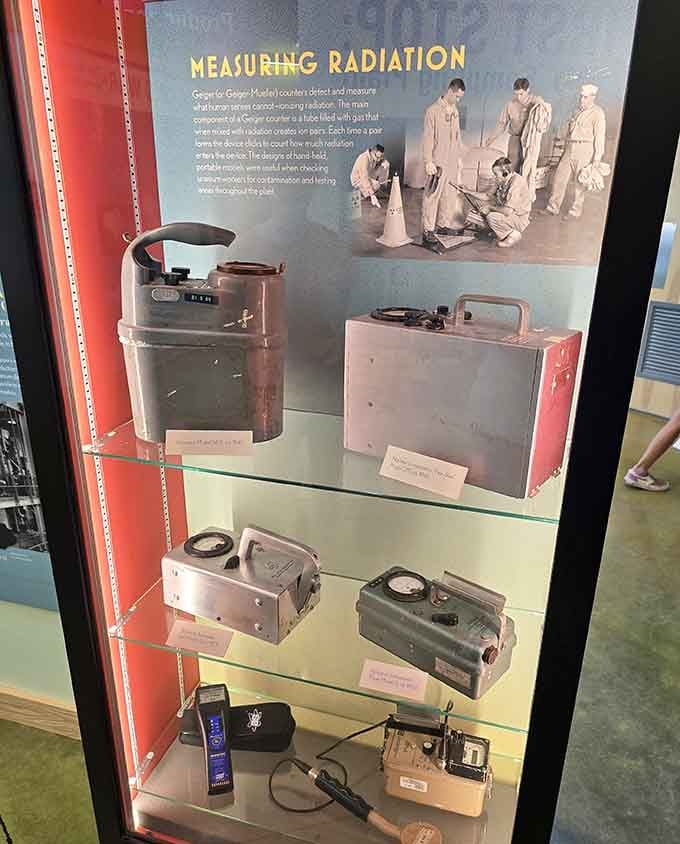 Geiger counters and radiation detection equipment tell the story of workers who carefully monitored every inch of this cleanup.
