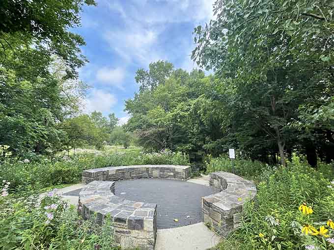 Stone benches arranged in a circle, perfect for contemplating life's mysteries or tomorrow's lunch plans.