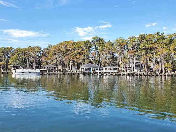 Lakeside homes nestled among the trees create a scene straight out of a retirement dream brochure.