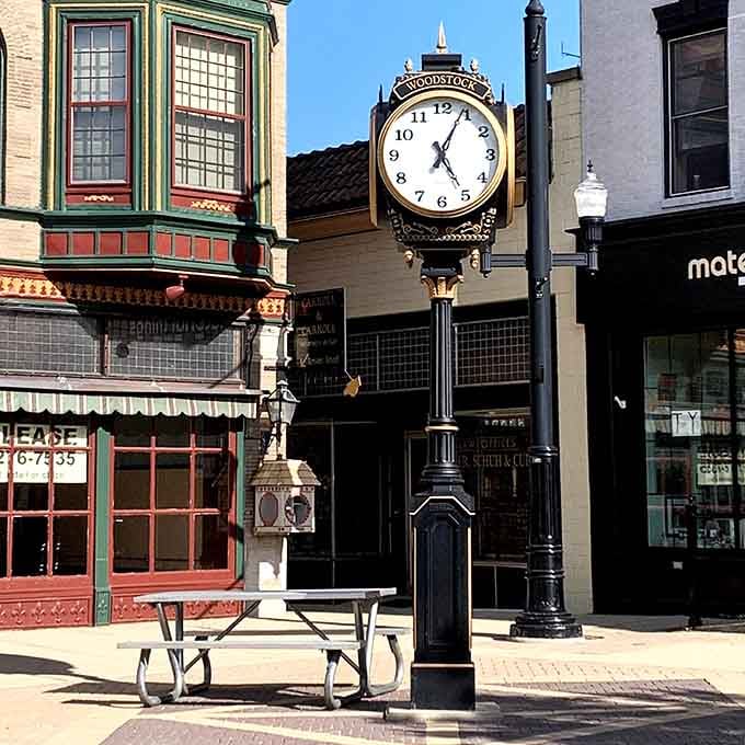 Even the street clock looks like it stepped out of a movie set, probably because it literally did.