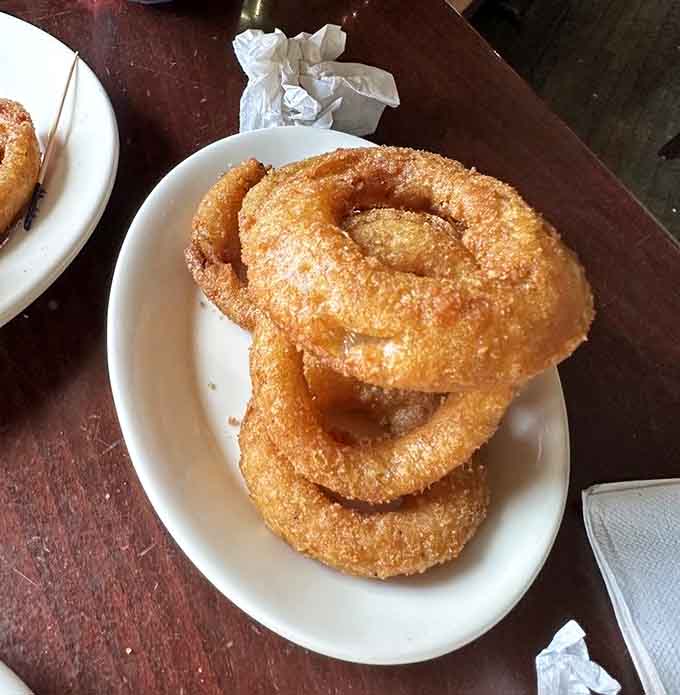These onion rings stack up like the Leaning Tower of Pisa, only crunchier and infinitely more delicious.