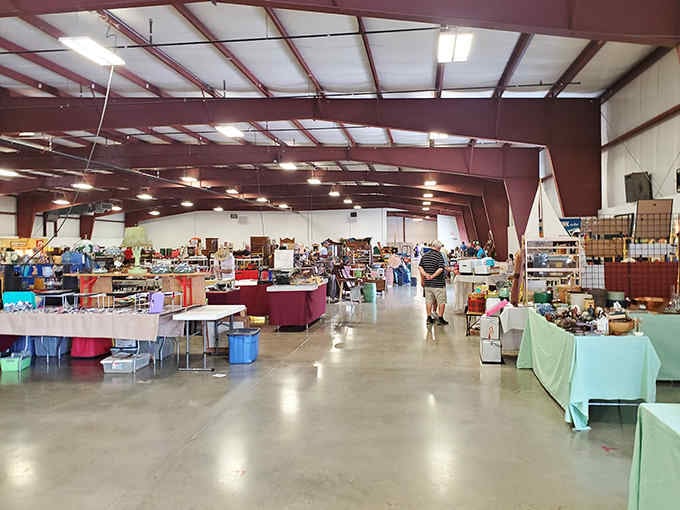 Spacious aisles and colorful vendor tables create a shopping experience that's both organized and endlessly surprising to explore.