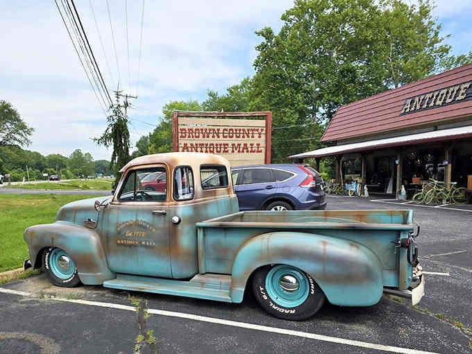 This vintage pickup truck isn't just decoration—it's a promise of the authentic finds waiting inside.