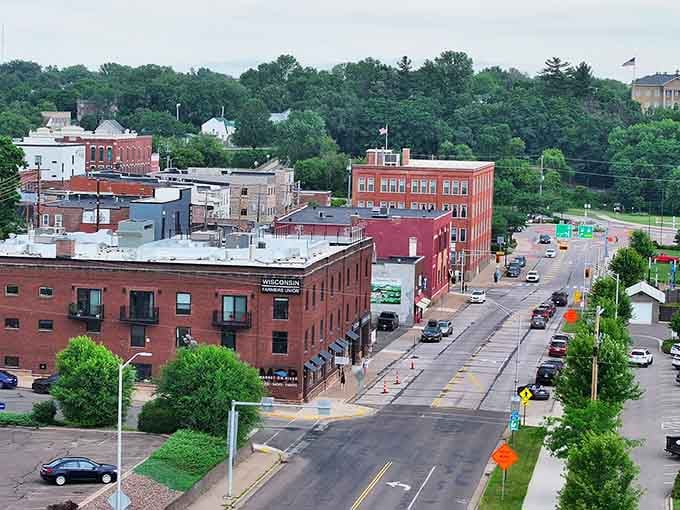 From up here, the brick-and-mortar heart of town beats strong amidst a lush canopy of Wisconsin’s finest greenery.