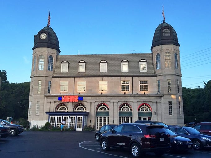Those twin towers rising against the evening sky look like a castle, but inside you'll find seafood fit for royalty.