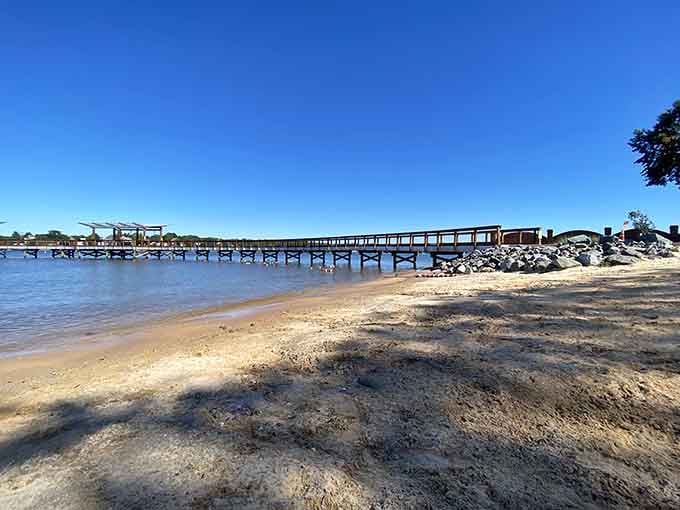 This fishing pier stretches into the lake like a wooden highway to tranquility and maybe a few bass.